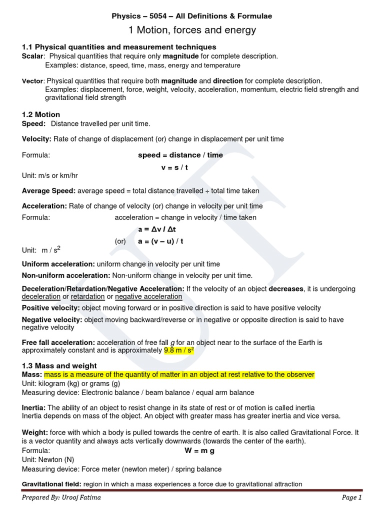 Physics-5054-All Definitions&Formulae-RevisedSyllabus | PDF | Velocity ...