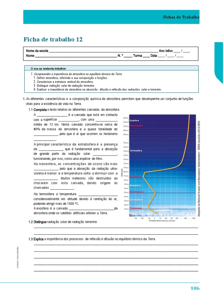 Ficha Trabalho12 | PDF | Atmosfera da Terra | Terra