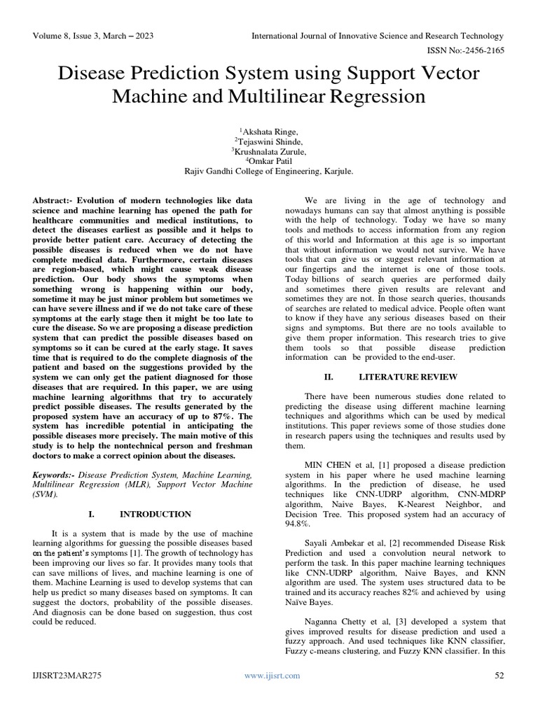 Disease Prediction System Using Support Vector Machine and Multilinear Regression | PDF ...