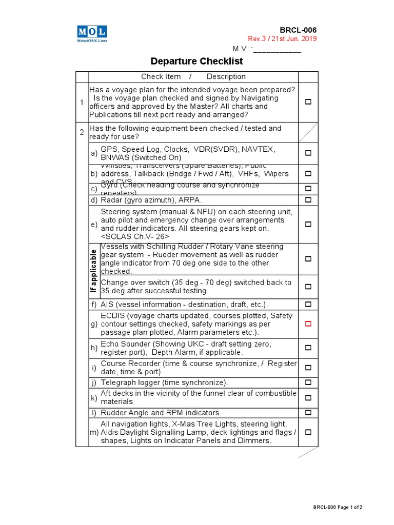 BRCL-006 Departure Checklist | PDF | Ships | Water Transport BRCL-006 Departure Checklist | PDF | Ships | Water Transport