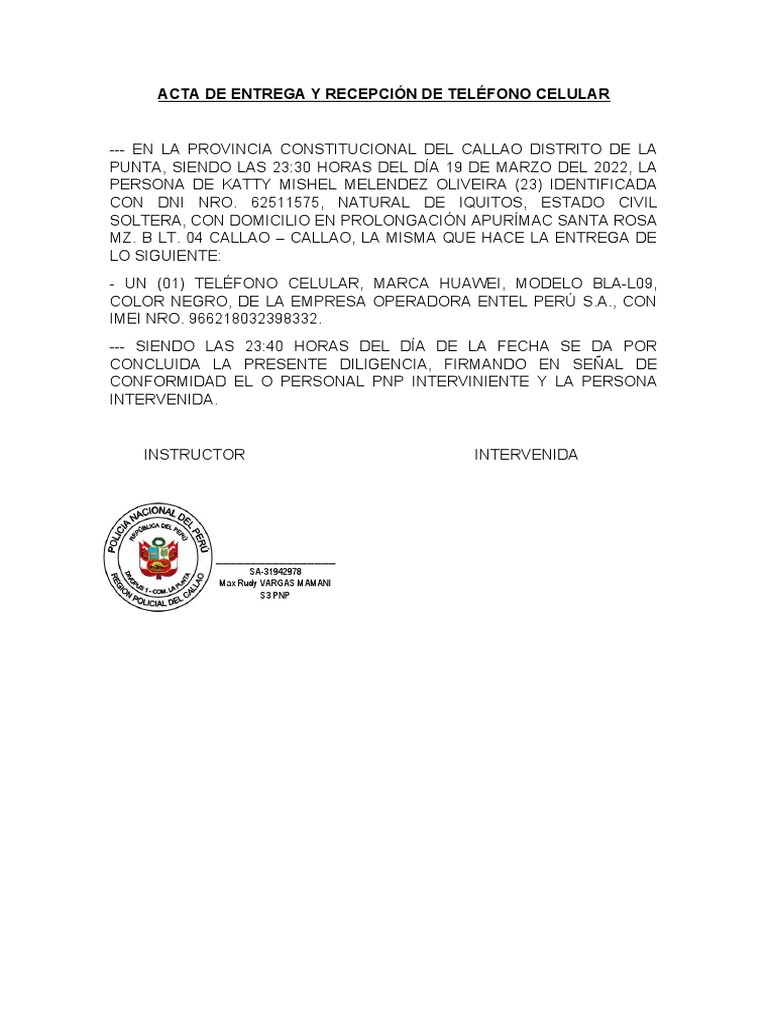 Acta de Entrega y Recepción de Teléfono Celular | PDF