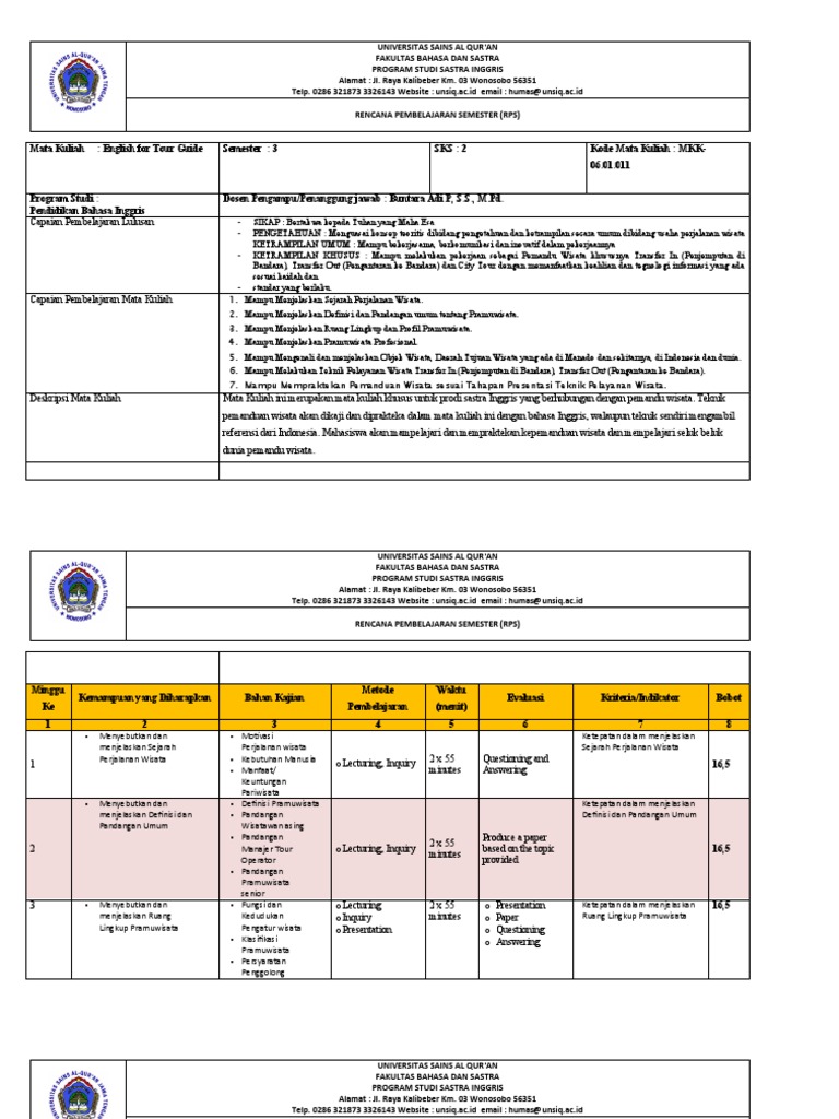 RPS KKNI English For Tour Guide | PDF