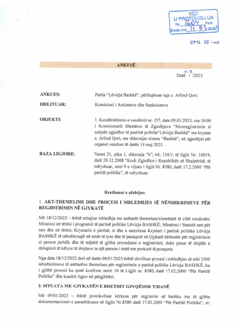 "Lëvizja Bashkë" Ankimon Vendimin Në KAS | PDF