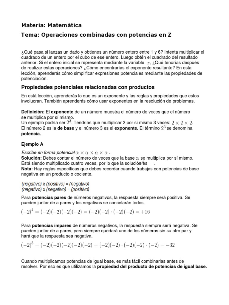 Operaciones Combinadas Con Potencias en Z | PDF | Exponenciación | Multiplicación