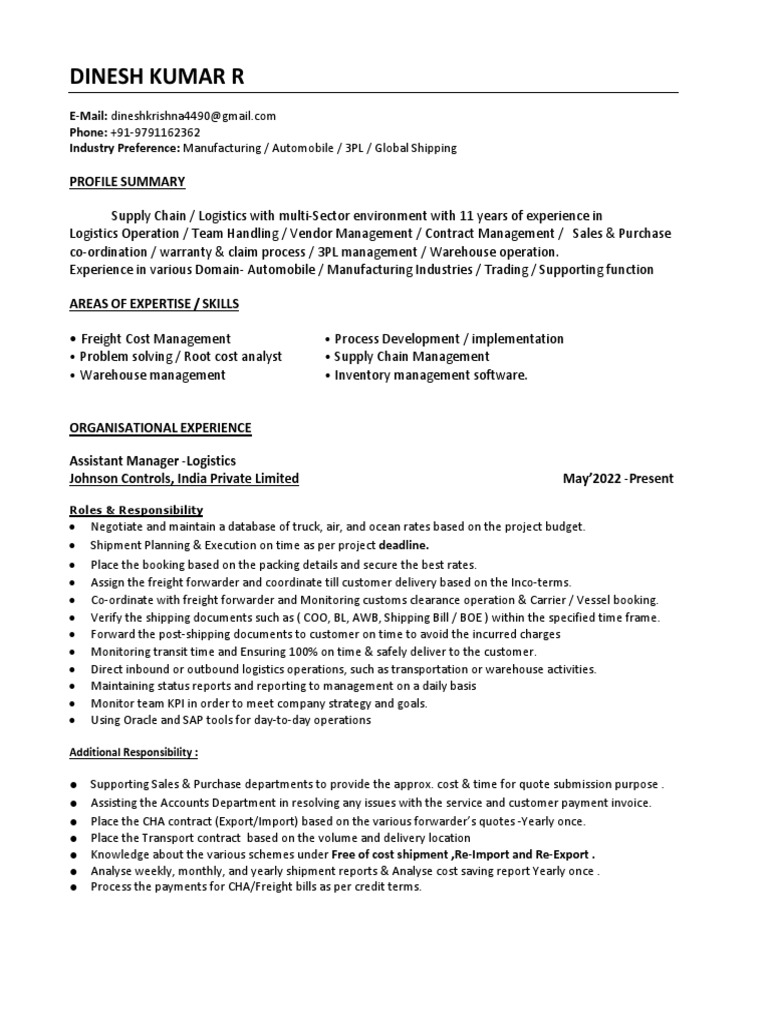 Dinesh CV | Download Free PDF | Logistics | Cargo
