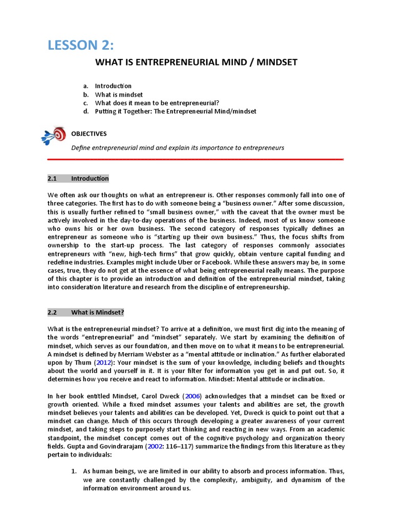 Module 1 Lesson 2 | PDF | Entrepreneurship | Mindset