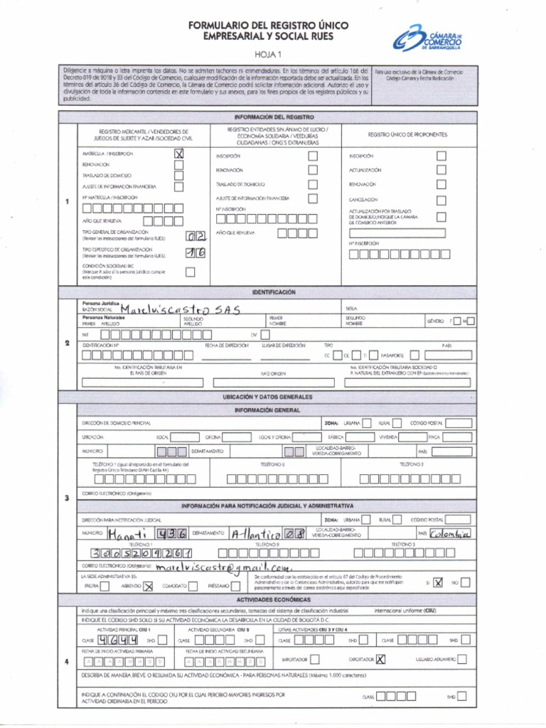 Formulario Camara de Comercio | PDF