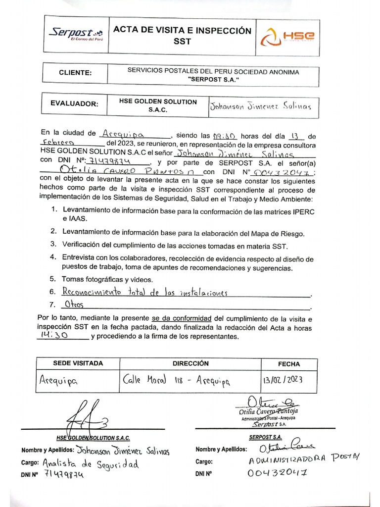 Acta de Visita e Inspeccion SST | PDF