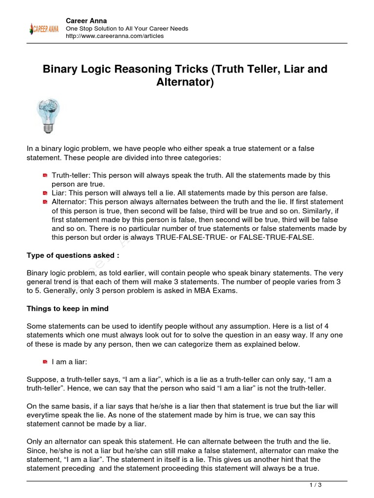 Binary Logic Reasoning Tricks PDF | PDF | Truth | Logic