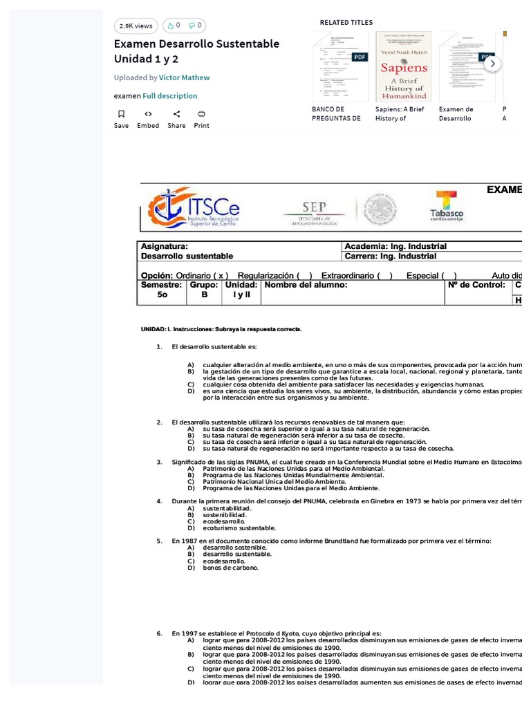 PDF Examen Desarrollo Sustentable Unidad 1 y 2 Compress | PDF | Ecosistema | Tecnología Ambiental