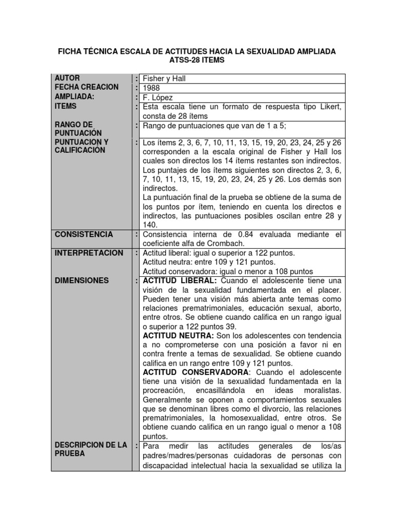 Escala de Actitudes Hacia La Sexualidad Ampliada Atss-28 Items | PDF ...
