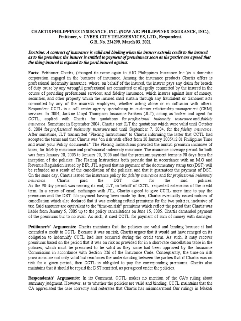 Chartis Philippines Insurance, Inc. v. Cyber City Teleservices, LTD ...