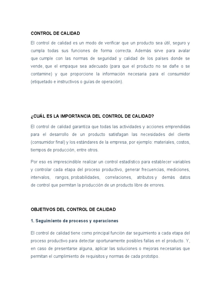 Importancia del Control de Calidad | PDF | Calidad (comercial) | Economias