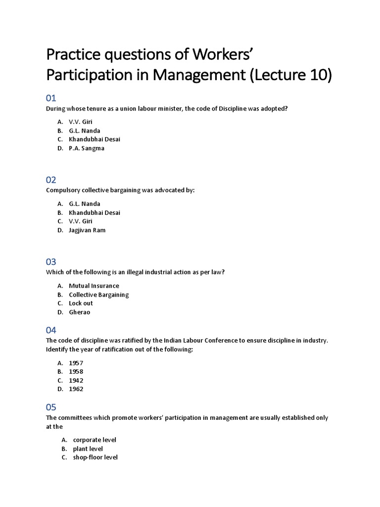 MCQs On Worker Participation | PDF | Employment | Business