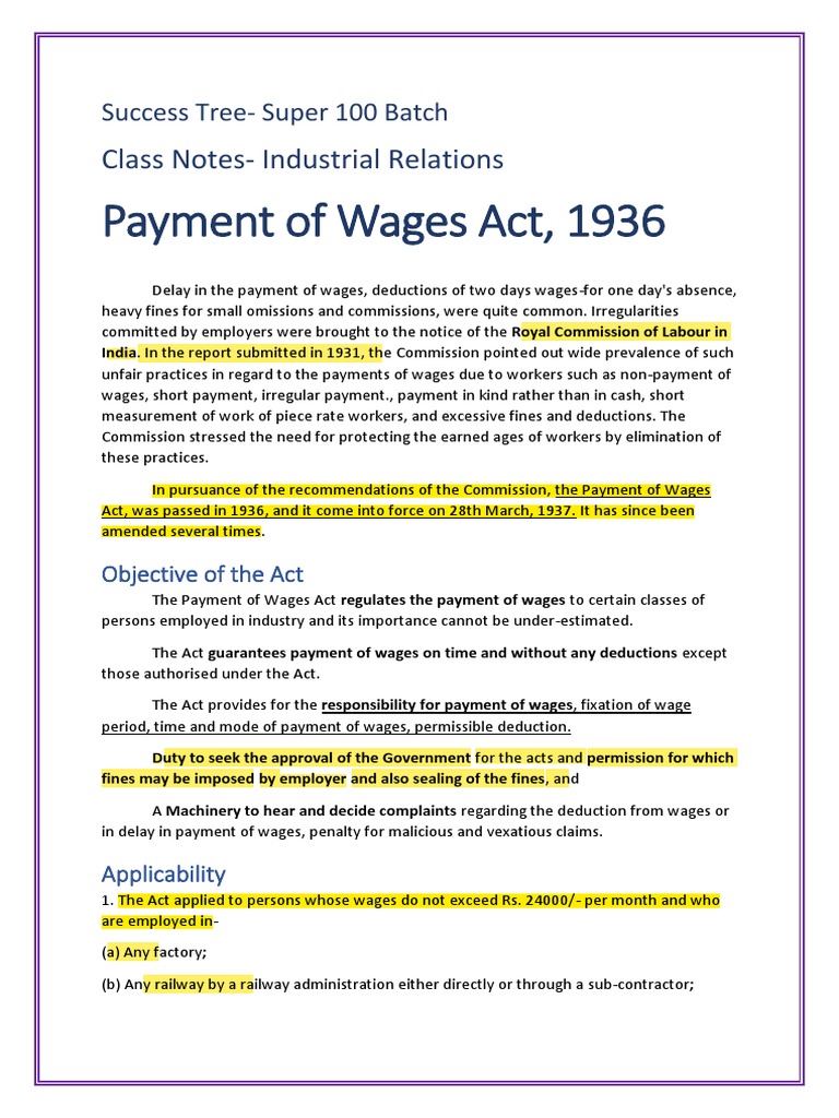 Lecture 12 - Payment of Wages Act, 1936 | PDF | Employment | Insurance
