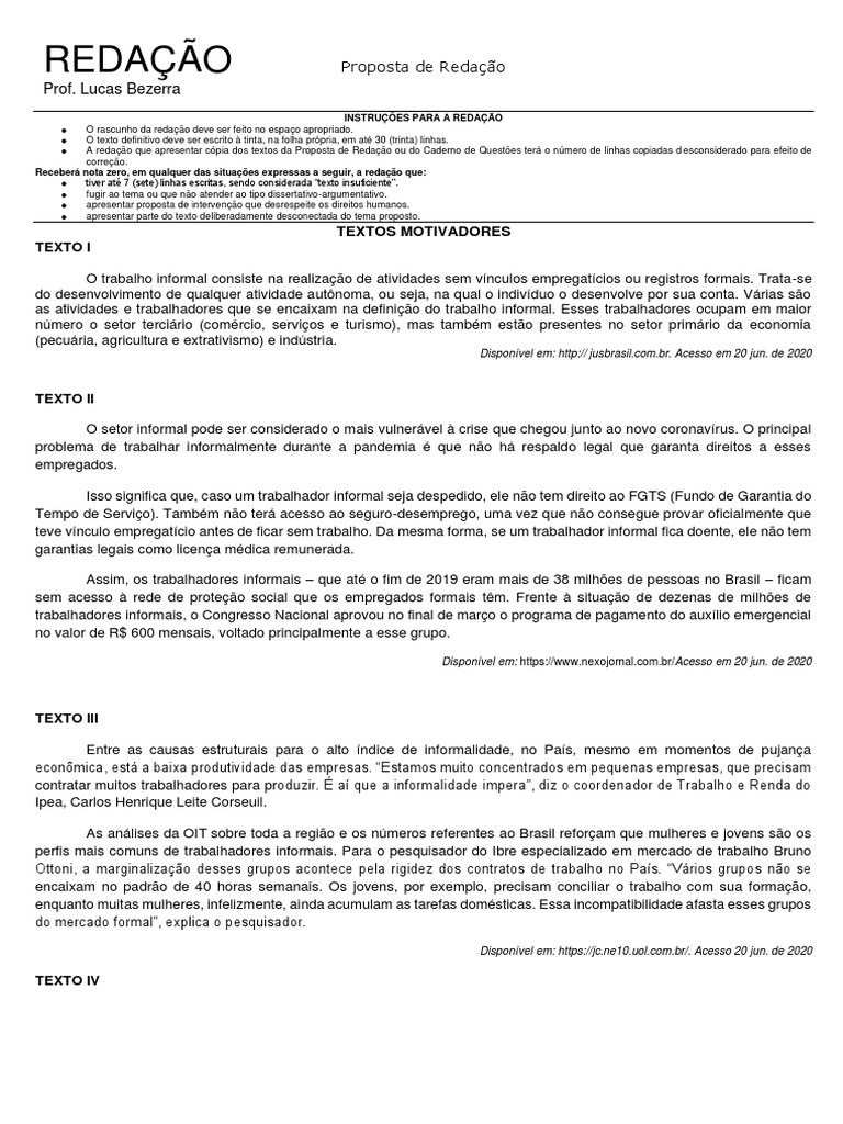 Tema Trabalho Informal no Brasil | PDF | Emprego | Brasil