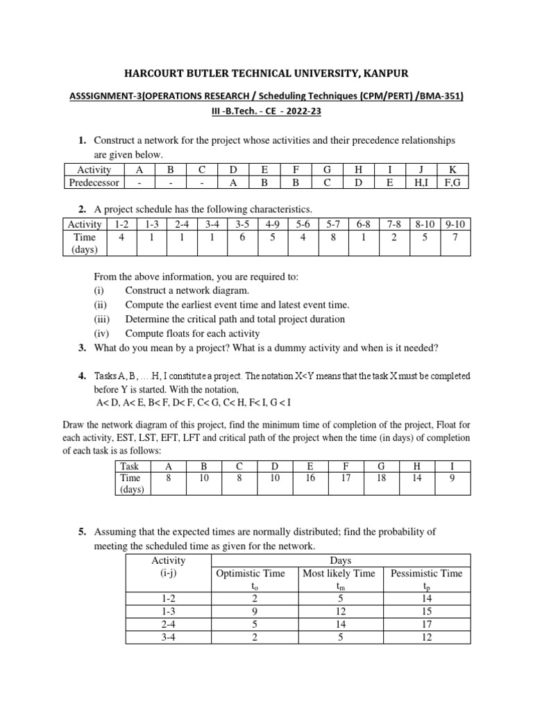 Assignment - OR (CPM, PERT) PDF | PDF | Systems Theory | Operations Research