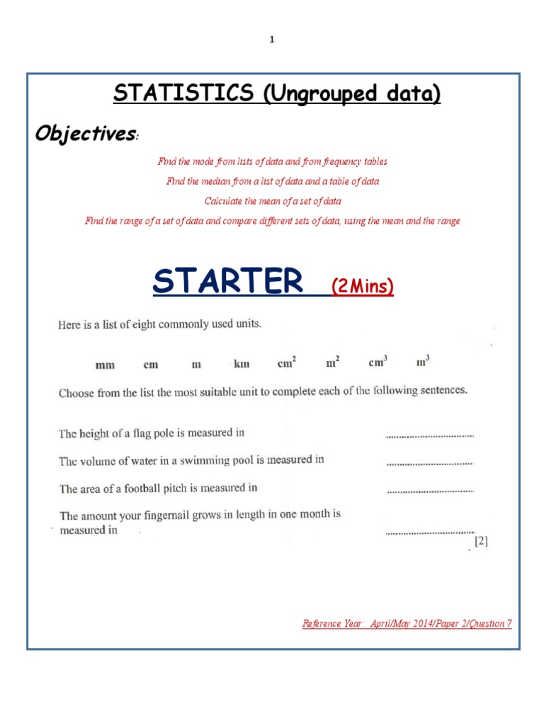 Worksheet On Check Point Statistics Ungrouped Data | PDF