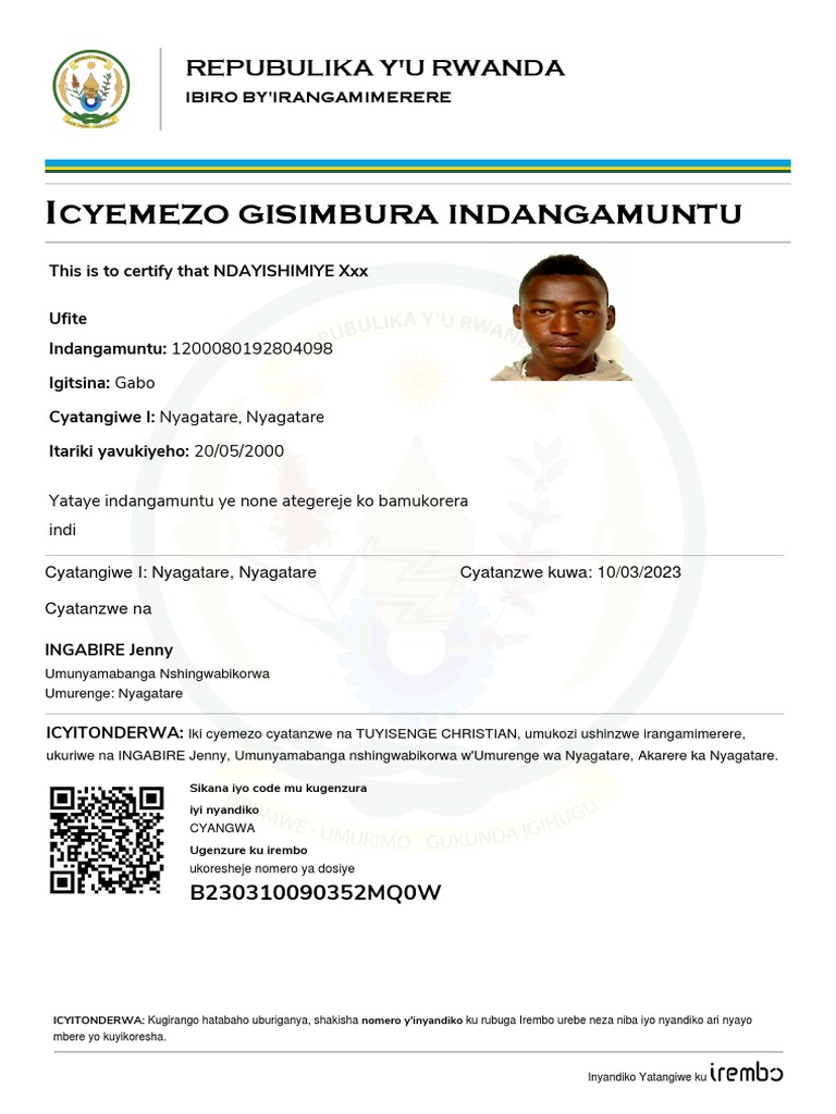 Icyemezo Gisimbura Indangamuntu - B230310090352MQ0W | PDF
