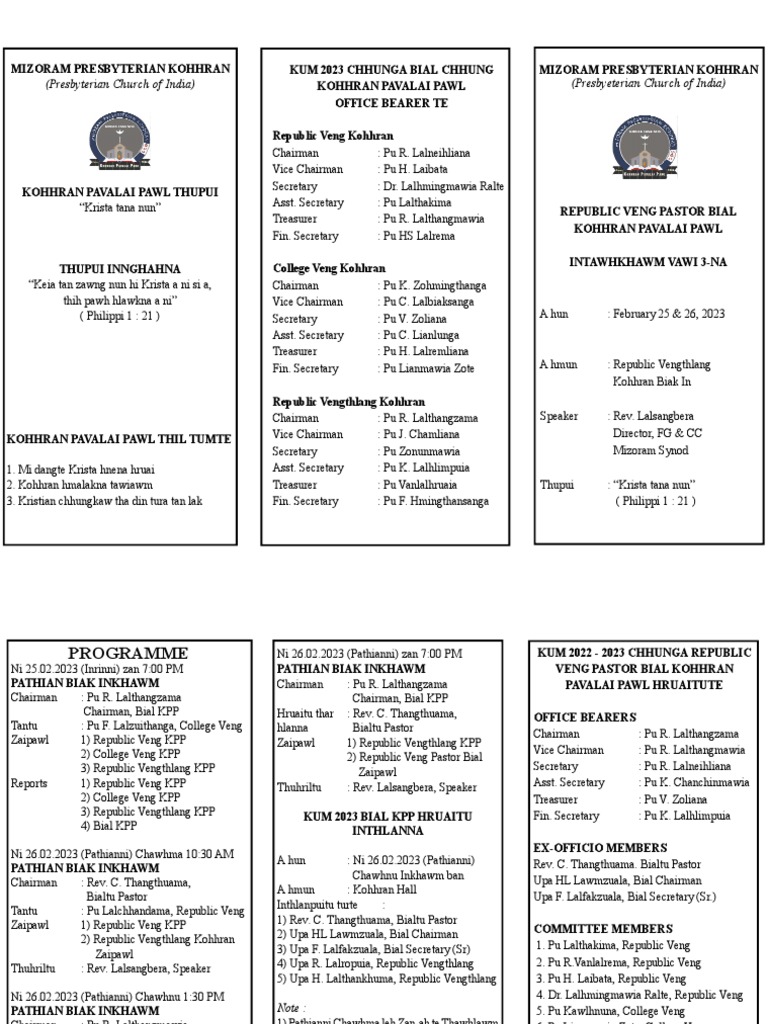 Republic Veng Pastor Bial Pavalai Intawhkhawm 2023 | PDF | Christian Organizations | Western ...