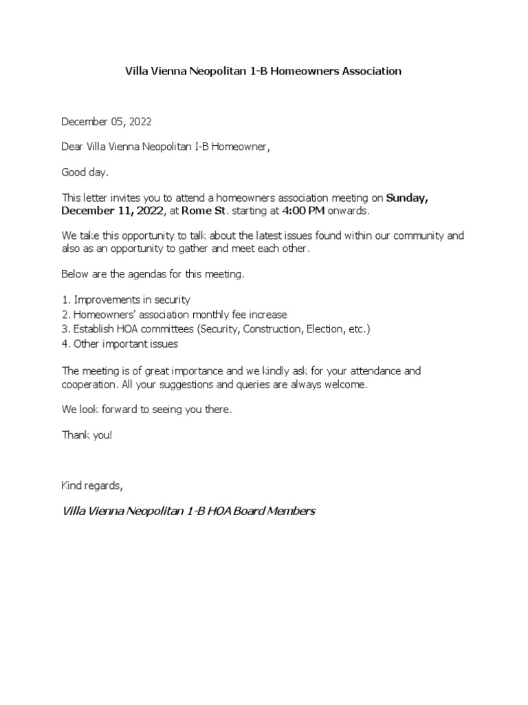 Villa Vienna Neopolitan 1 HOA Meeting PDF | PDF