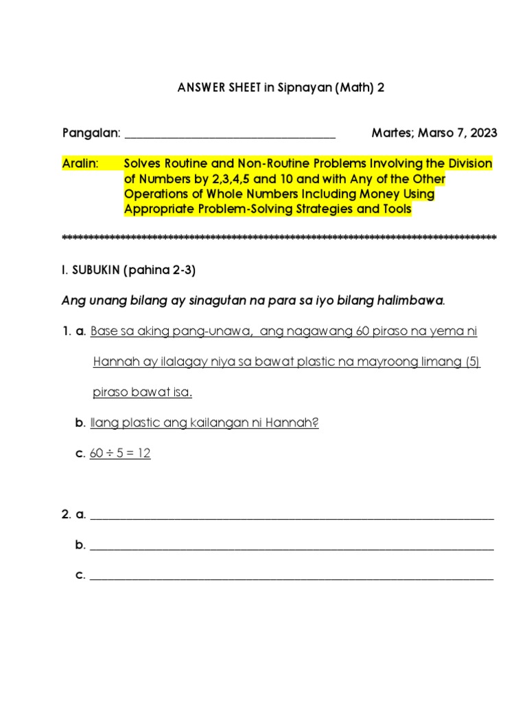 Math 2 Answer Sheet PDF | PDF