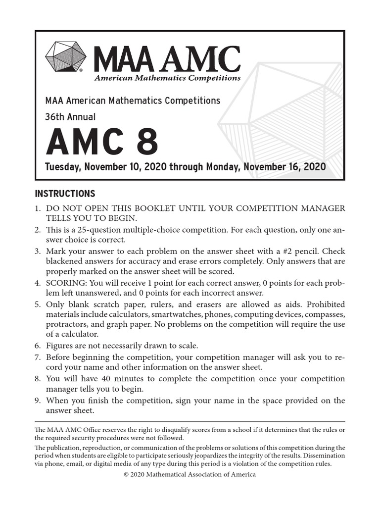 2020 AMC8 Problems | Download Free PDF | Multiple Choice | Mathematics