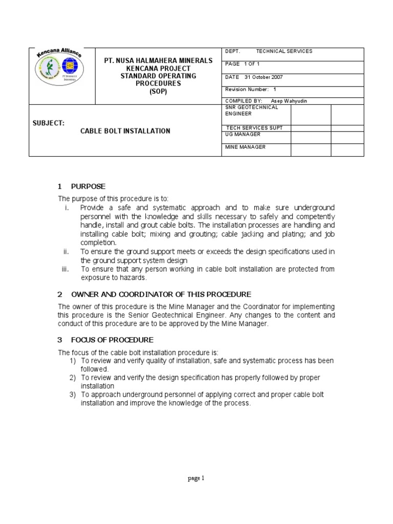 Cable Bolt Installation SOP | PDF | Screw | Drilling