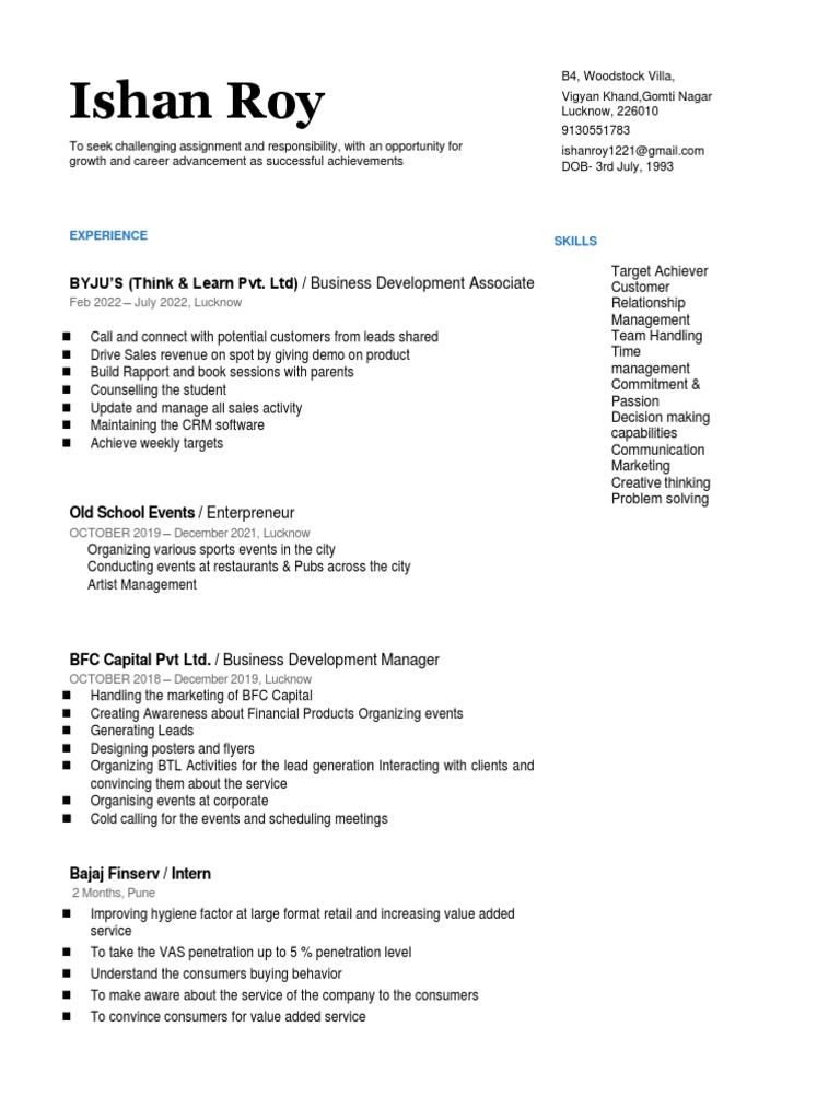 Ishan Roy Resume Target Achiever | PDF | Marketing | Sales