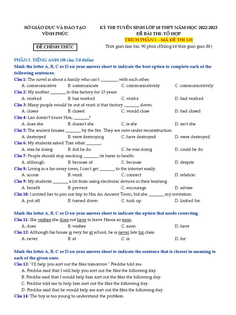 Vĩnh Phúc 10th Grade Entrance Exam Reading Comprehension and Vocabulary ...