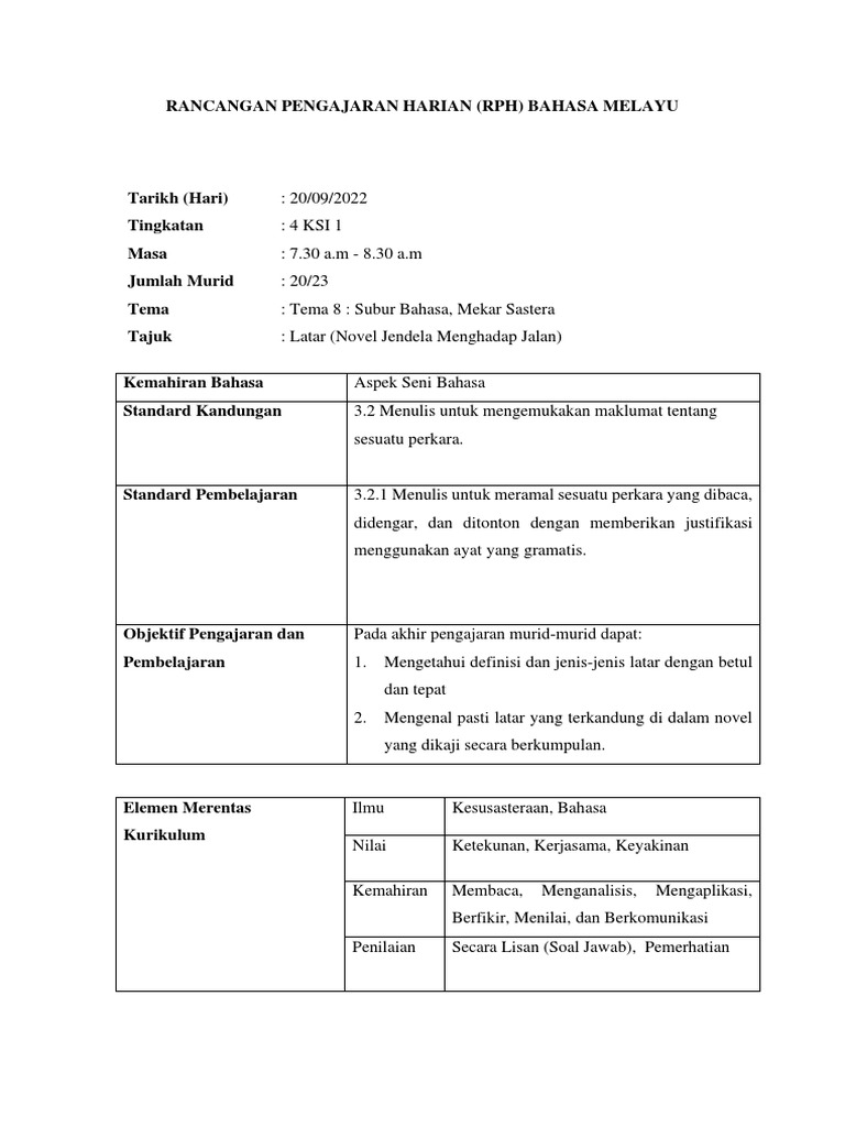 RPH Bahasa Melayu: Latar Novel KSI 4 | PDF | Karier & Perkembangan ...