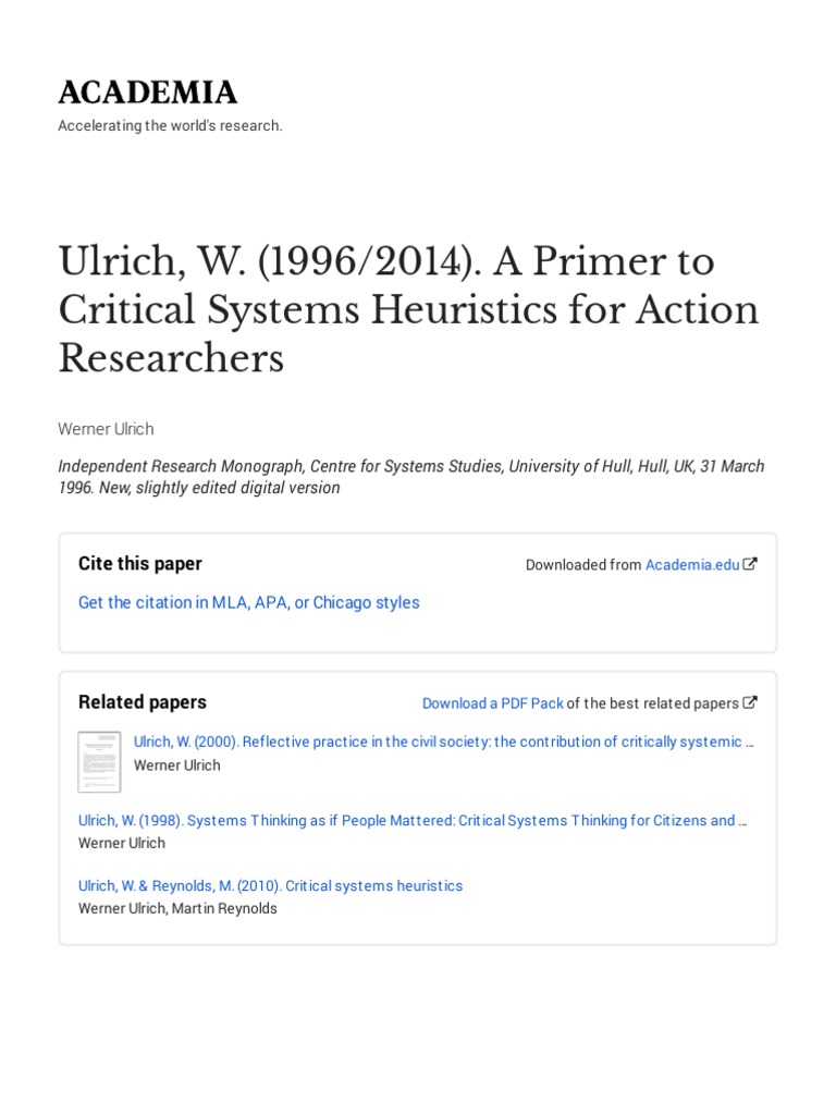 Ulrich, W. (1996) - A Primer To Critical Systems Heuristics For Action ... Ulrich, W. (1996) - A Primer To Critical Systems Heuristics For Action ...