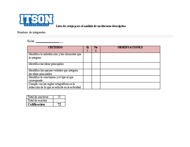 8-Lista de Cotejo para El Análisis de Un Discurso Descriptivo | PDF