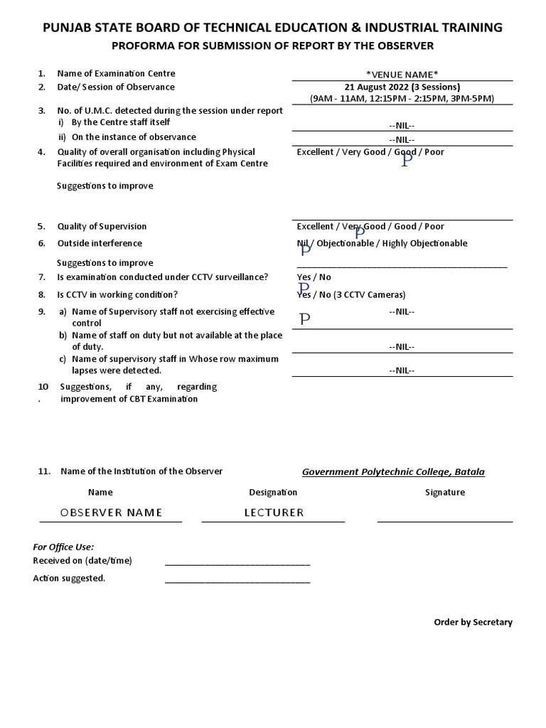 Examination Observer Report Template | PDF | Closed Circuit Television