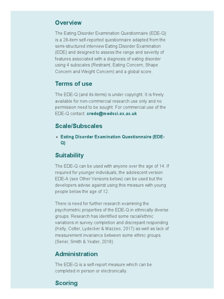 Eating Disorder Examination Questionnaire (EDE-Q) | PDF | Eating ...