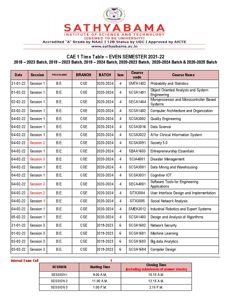 CAE1 Time Table - (Except First Year and Final Year Students) - Even ...