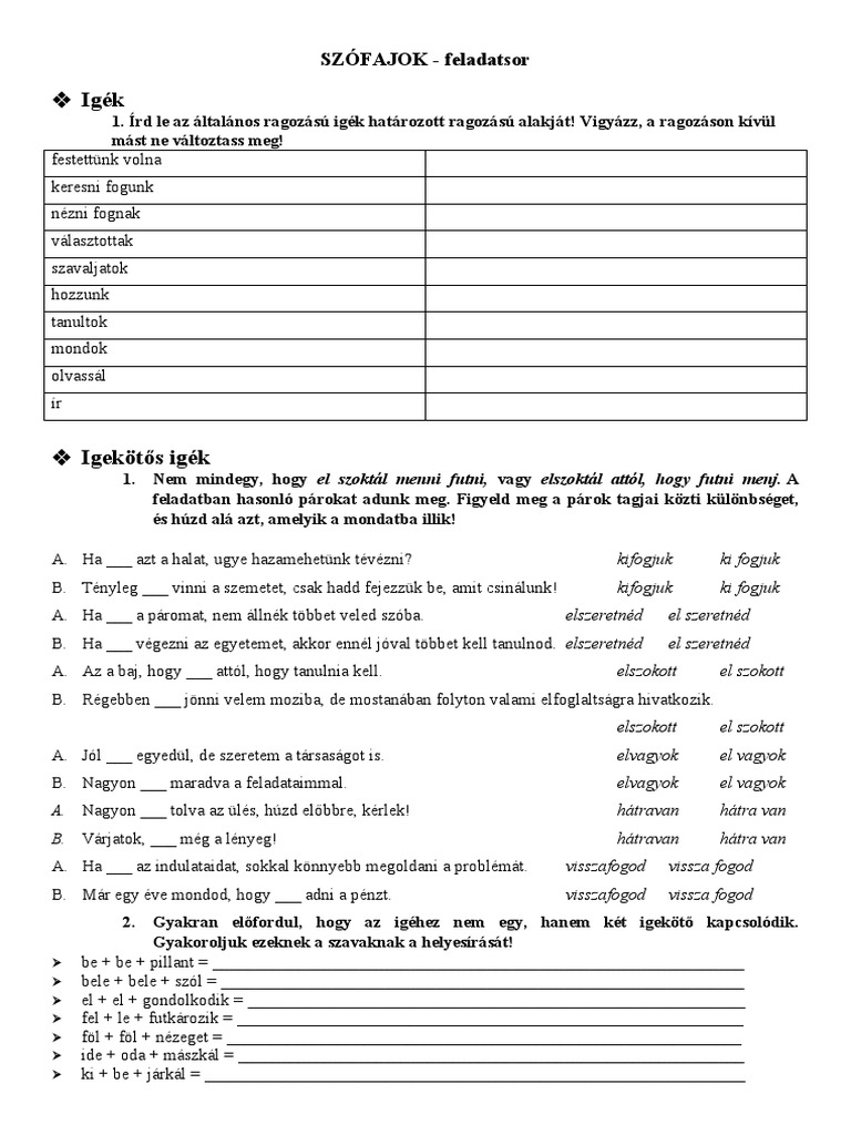 SZÓFAJOK Feladatlap | PDF
