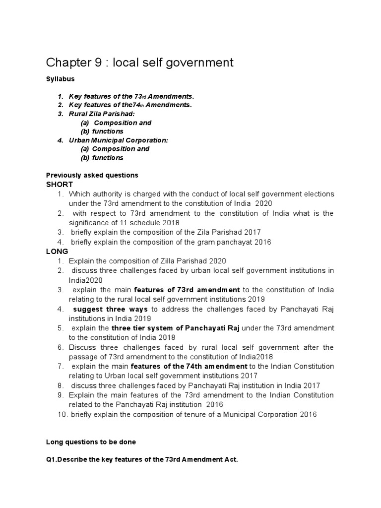 Local Self Govt Questions and Notes | PDF | Government | Government Of ...