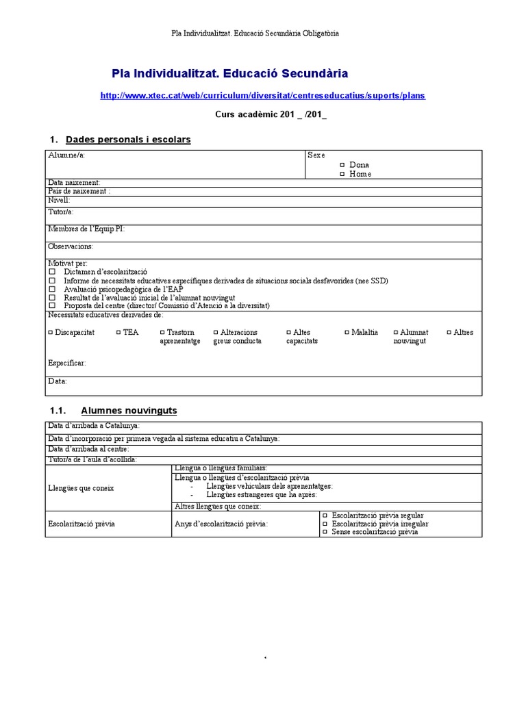 Pla Individualitzat. Educació Secundària: 1. Dades Personals I Escolars | PDF