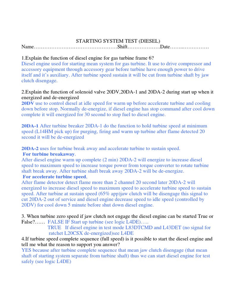 Diesel Engine ANSWER Sheet | PDF | Diesel Engine | Gas Turbine