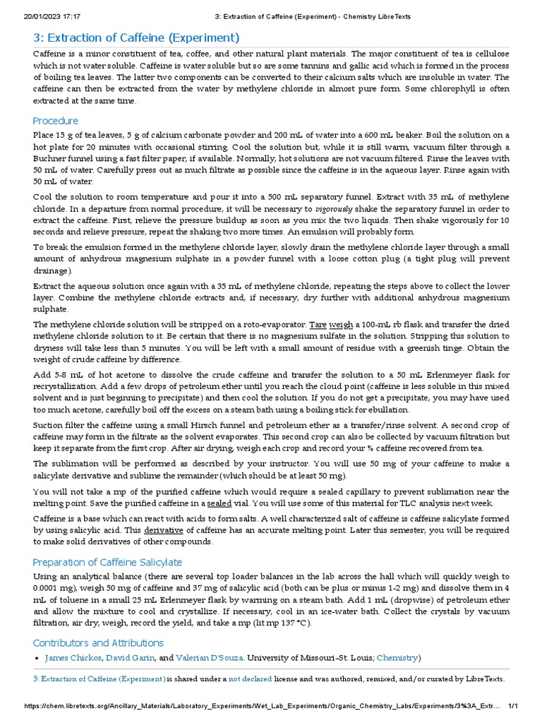 Caffeine Extraction Lab Guide | PDF | Solubility | Filtration
