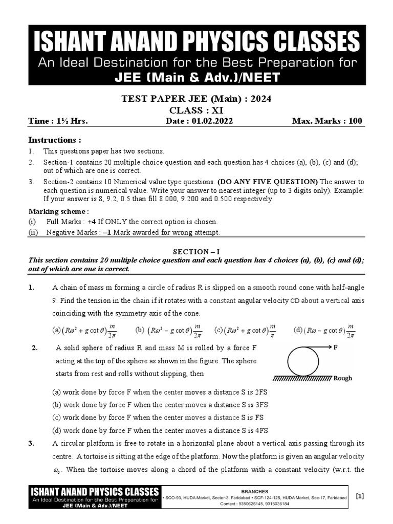 XI Test Paper JEE (Main) Dt. 01.02.2023 | PDF | Rotation Around A Fixed ...