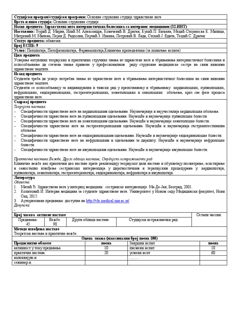 Zdravstvena Nega Internistickih Bolesnika Sa Internom Medicinom | PDF