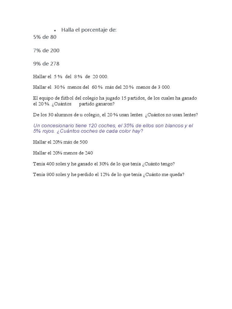 Cálculo de Porcentajes en Problemas Matemáticos | PDF