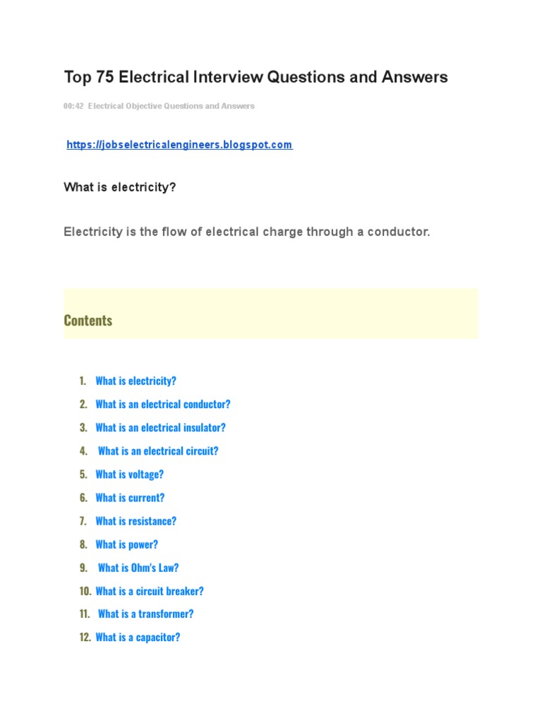 Top 75 Electrical Interview Questions and Answers | PDF | Electric ...