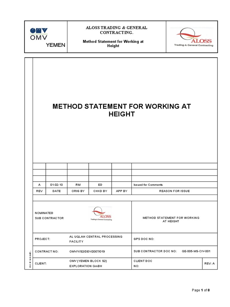 METHOD STATEMENT FOR WORKING AT HEIGHT Rev A0 | PDF | Personal Protective Equipment | Risk ...