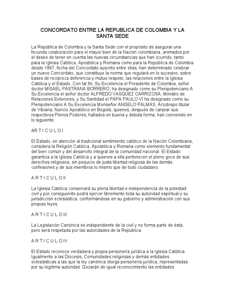 Concordato Entre La Republica de Colombia y La Santa Sede | Descargar ...