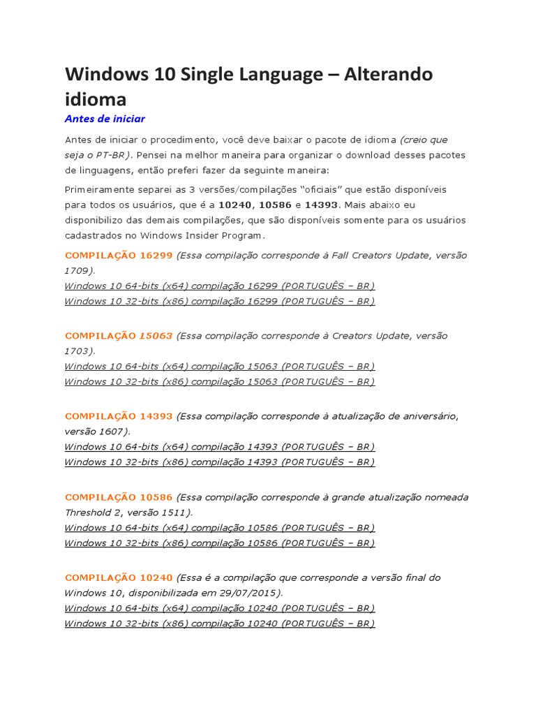 Alterando Idioma no Windows 10 Single Language | PDF | Windows 10 ...