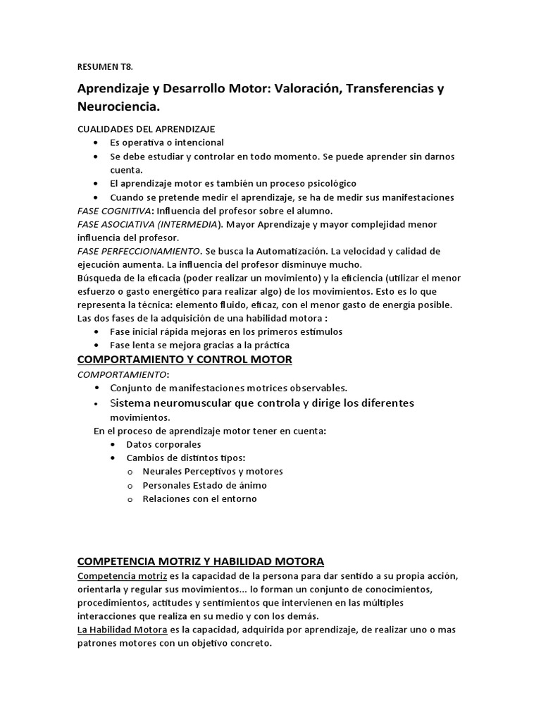 Resumen T8 | PDF | Aprendizaje | Cerebro