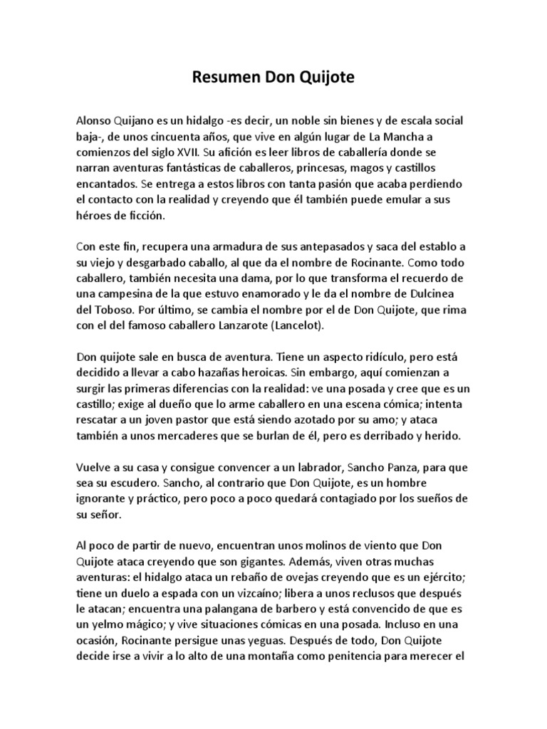 Resumen Don Quijote | PDF | Don Quijote | Miguel De Cervantes